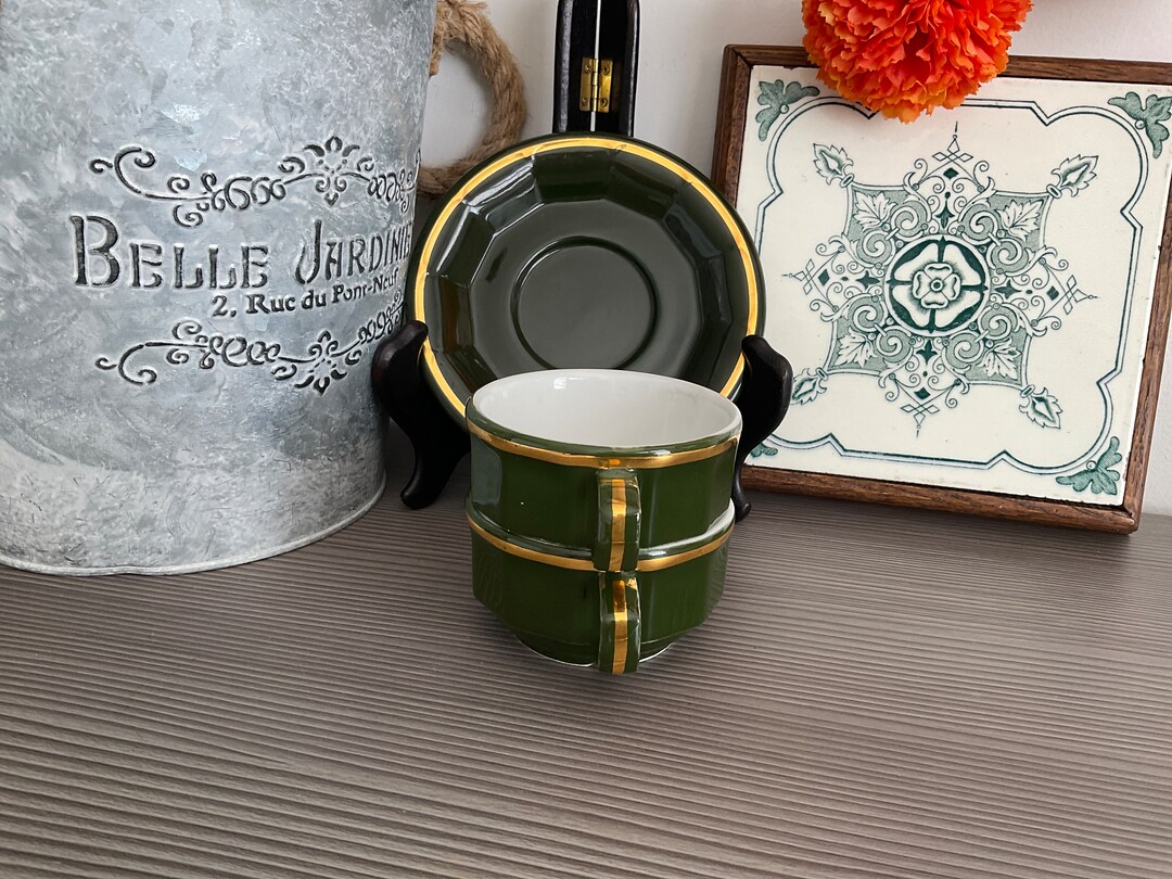 2x Vintage PILLIVUYT Green and Gold Espresso Cups and Saucers ...