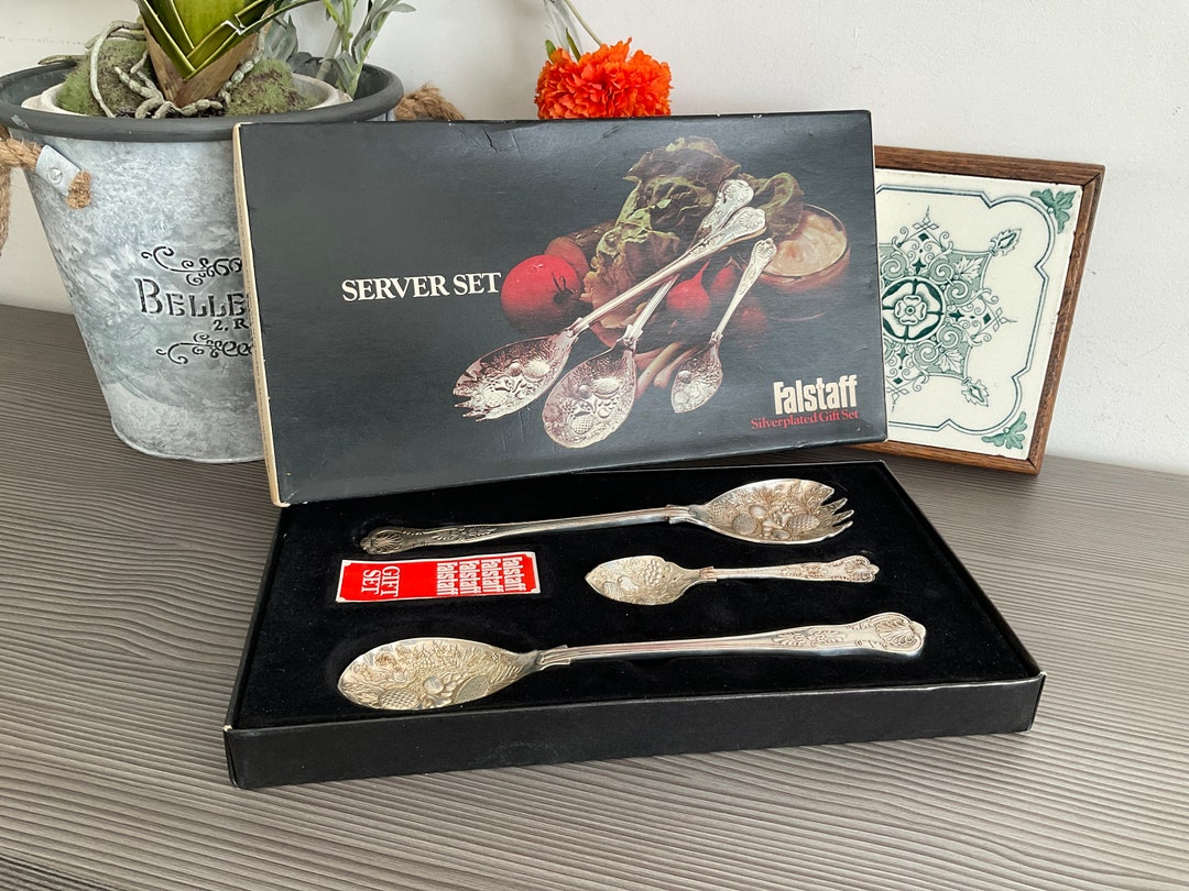 Vintage Falstaff Silver Plated Server Set: Embossed Fruit Salad Spoon ...