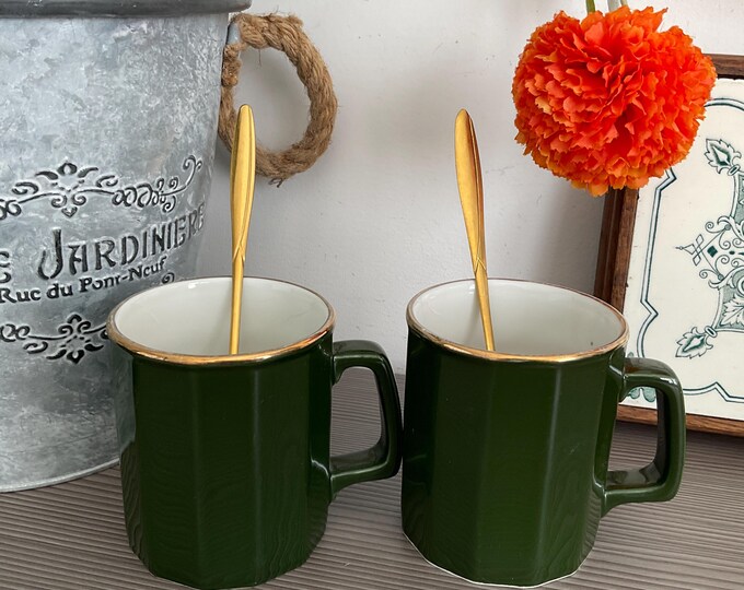 2 X APILCO Large Tea/coffee Mug, Authentic Green and Gold Bistro Ware ...