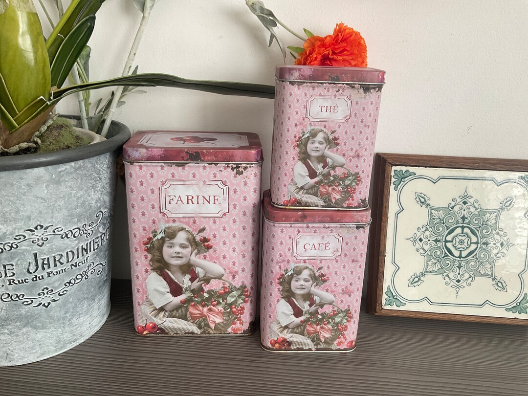 Vintage French Storage Tins ‘pretty in Pink’ Shabby Chic Farine/flour ...
