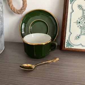 Authentic APILCO Coffee Cup and Saucer, Vintage Green and Gold Bistro ...