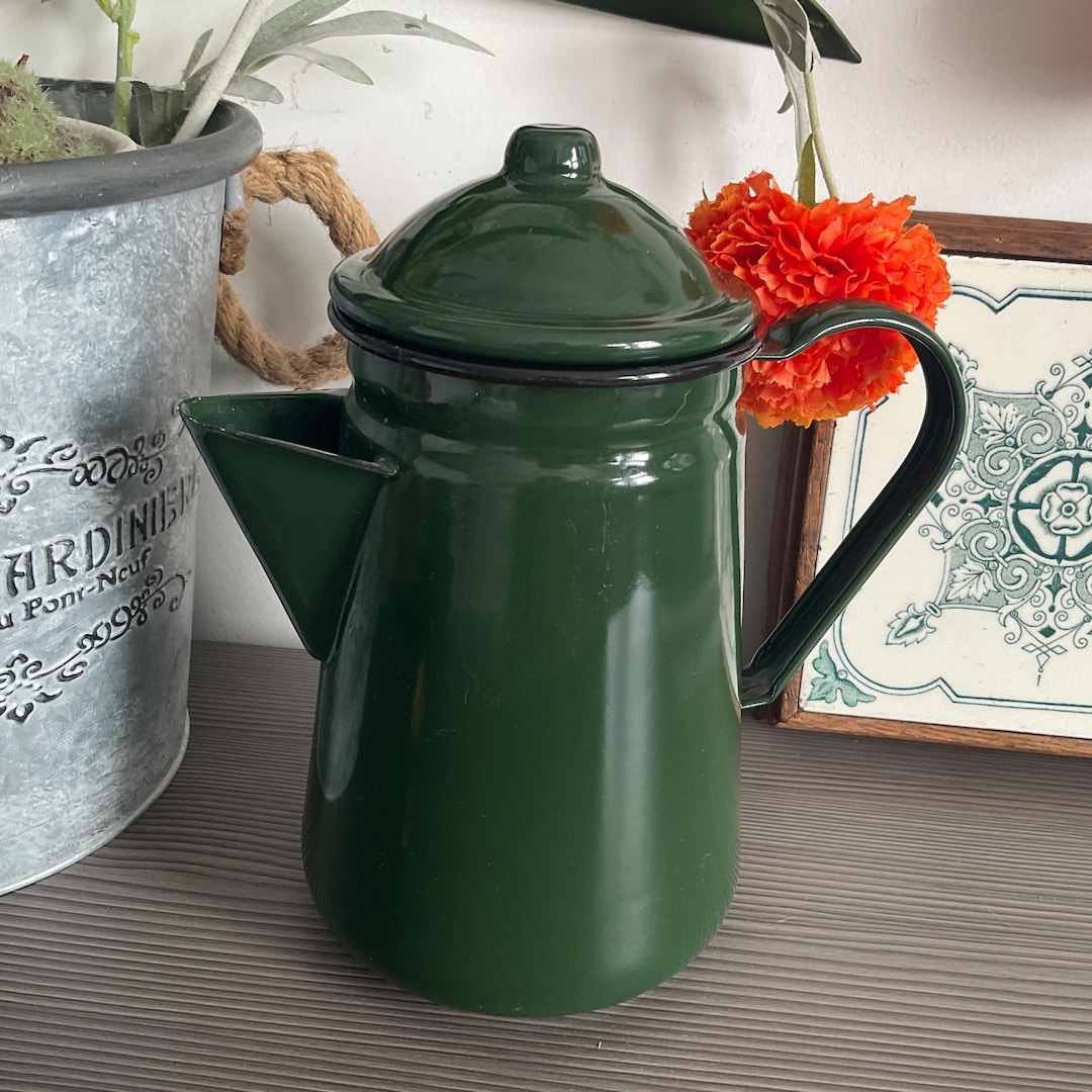 Vintage Dark Green Enamel Coffee Pot, Rustic, Country Kitchen Decor ...