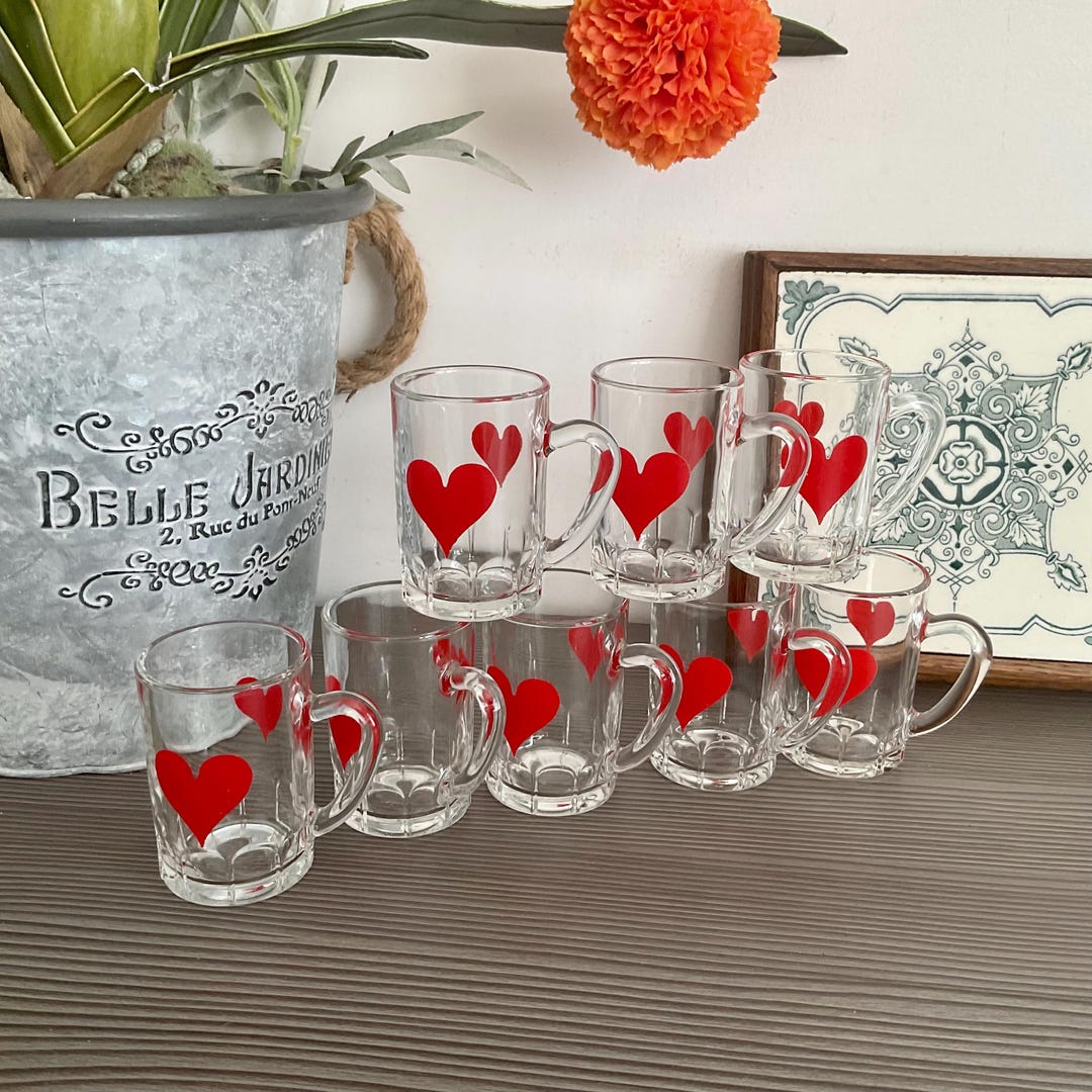 8 Mini Glass Tankards, French Shot Glasses With Heart Decoration, Small ...