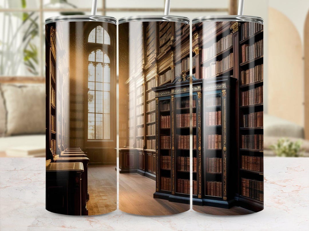 Vintage Library Digital Background, Ancient Bookshelves Tumbler Wrap ...