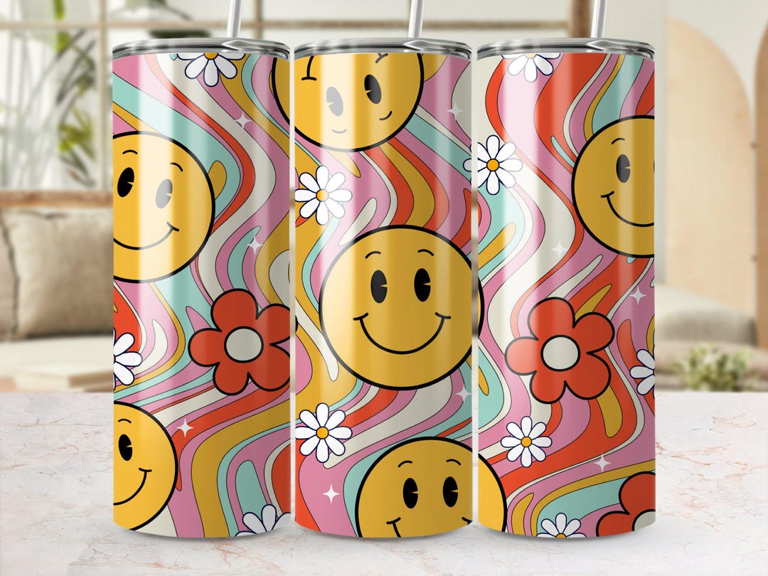 Retro Daisy Smileys 20oz Skinny Tumbler Wrap PNG, Psychedelic 20oz ...