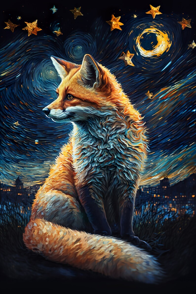 Fox Starry Night Van Gogh Da Vinci Style Digital Wall Art - Etsy