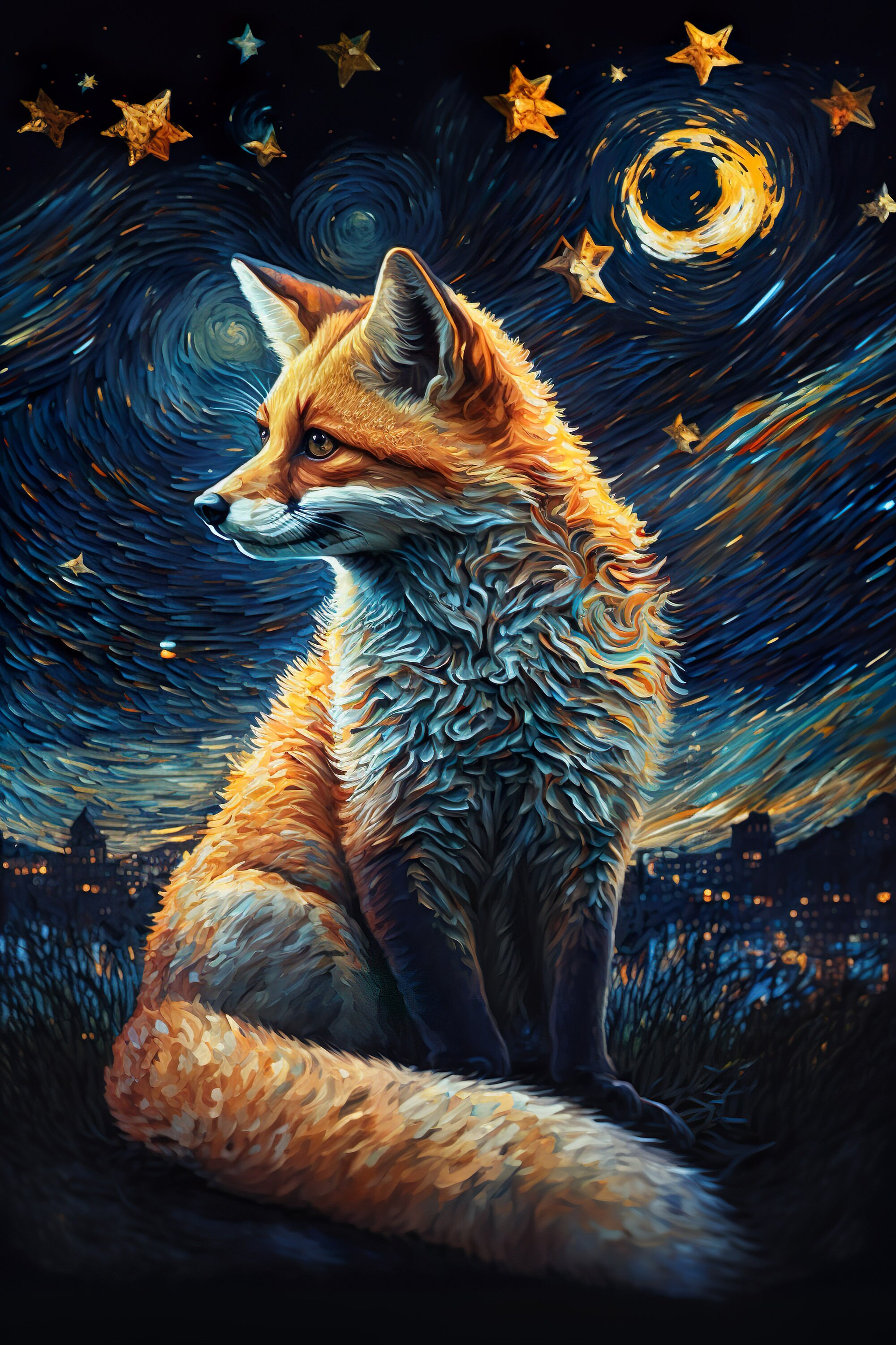 Fox Starry Night Van Gogh Da Vinci Style Digital Wall Art - Etsy