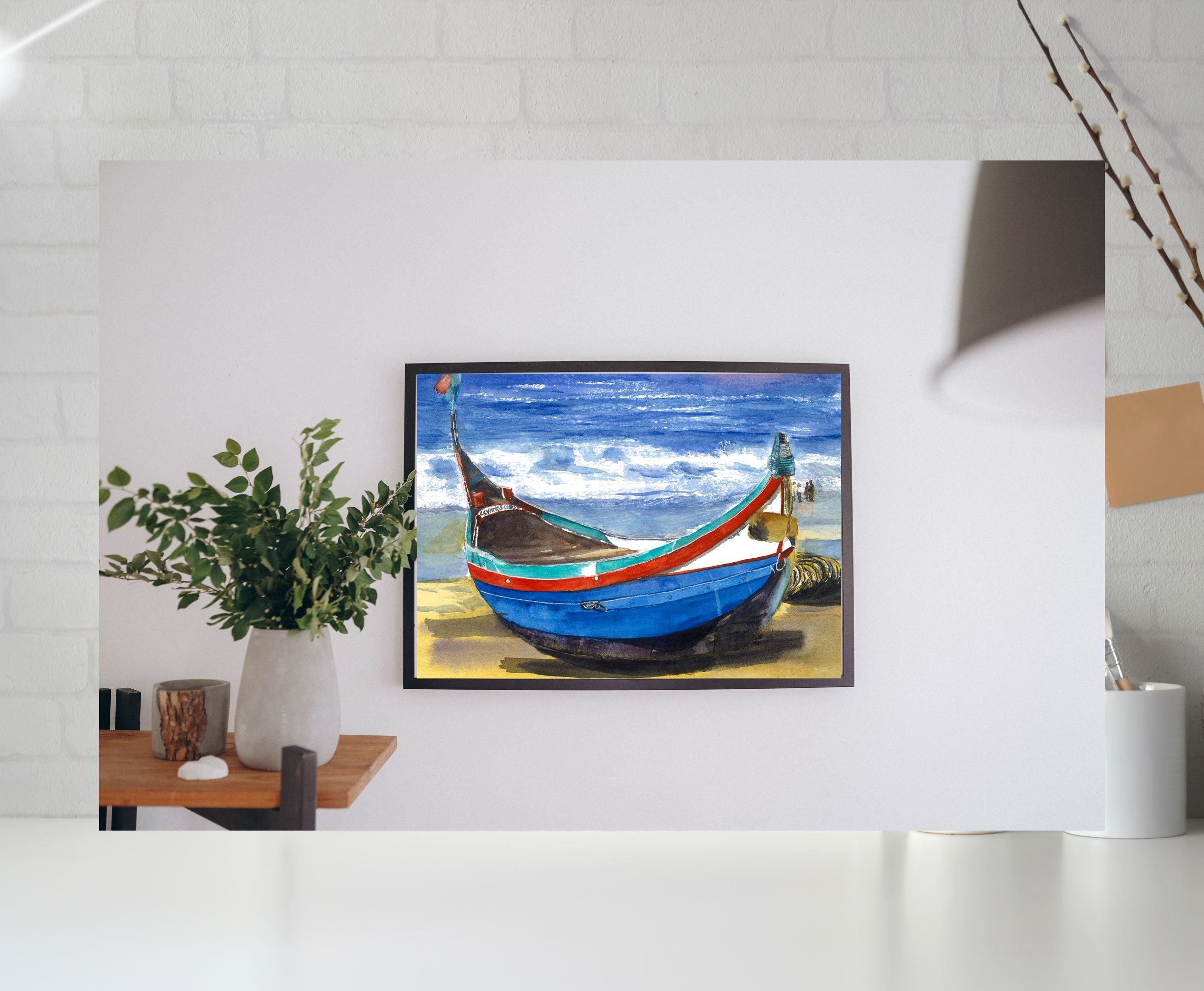 Original Watercolor Blue Boat Painting Digital Download Printable File ...