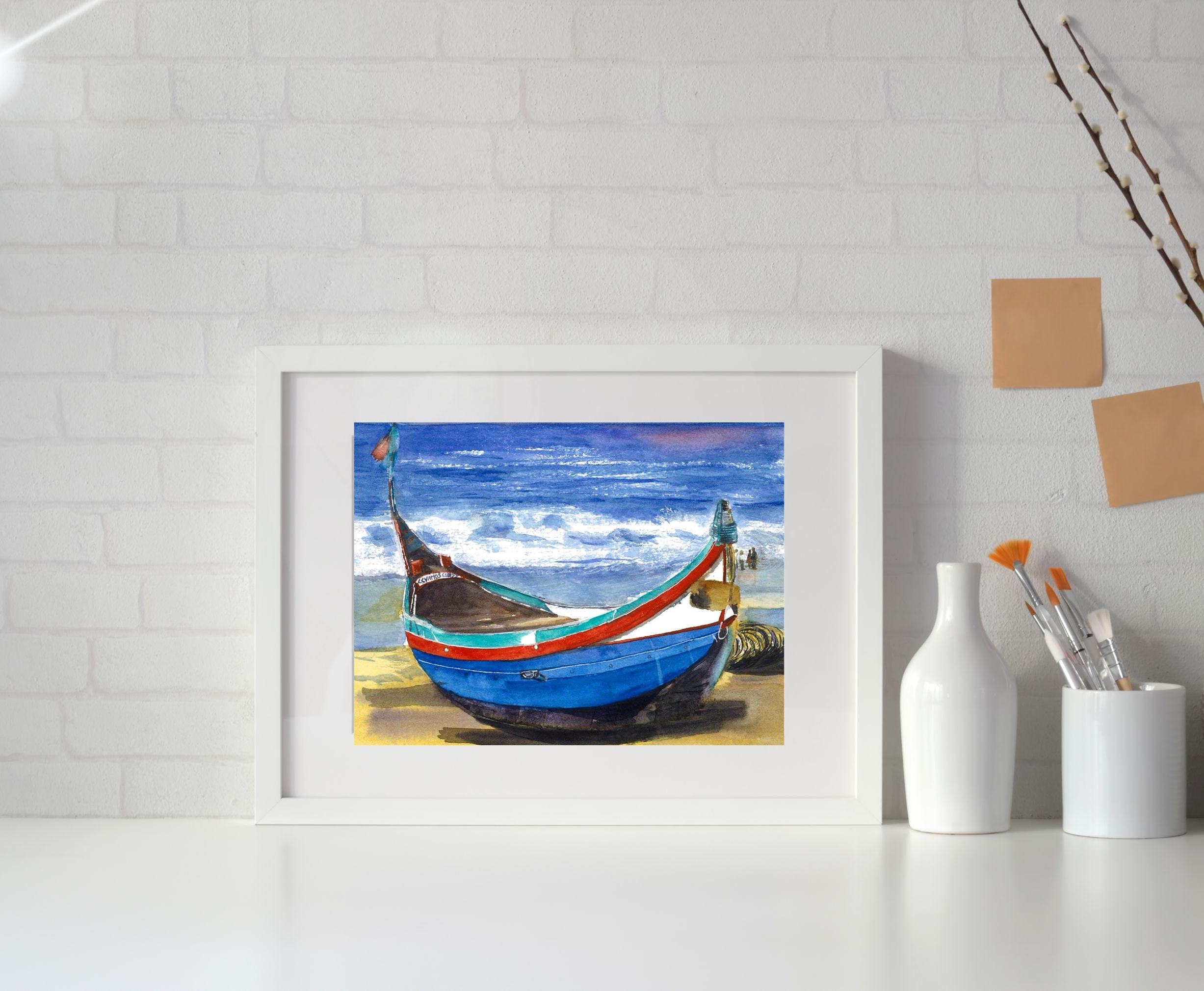 Original Watercolor Blue Boat Painting Digital Download Printable File ...