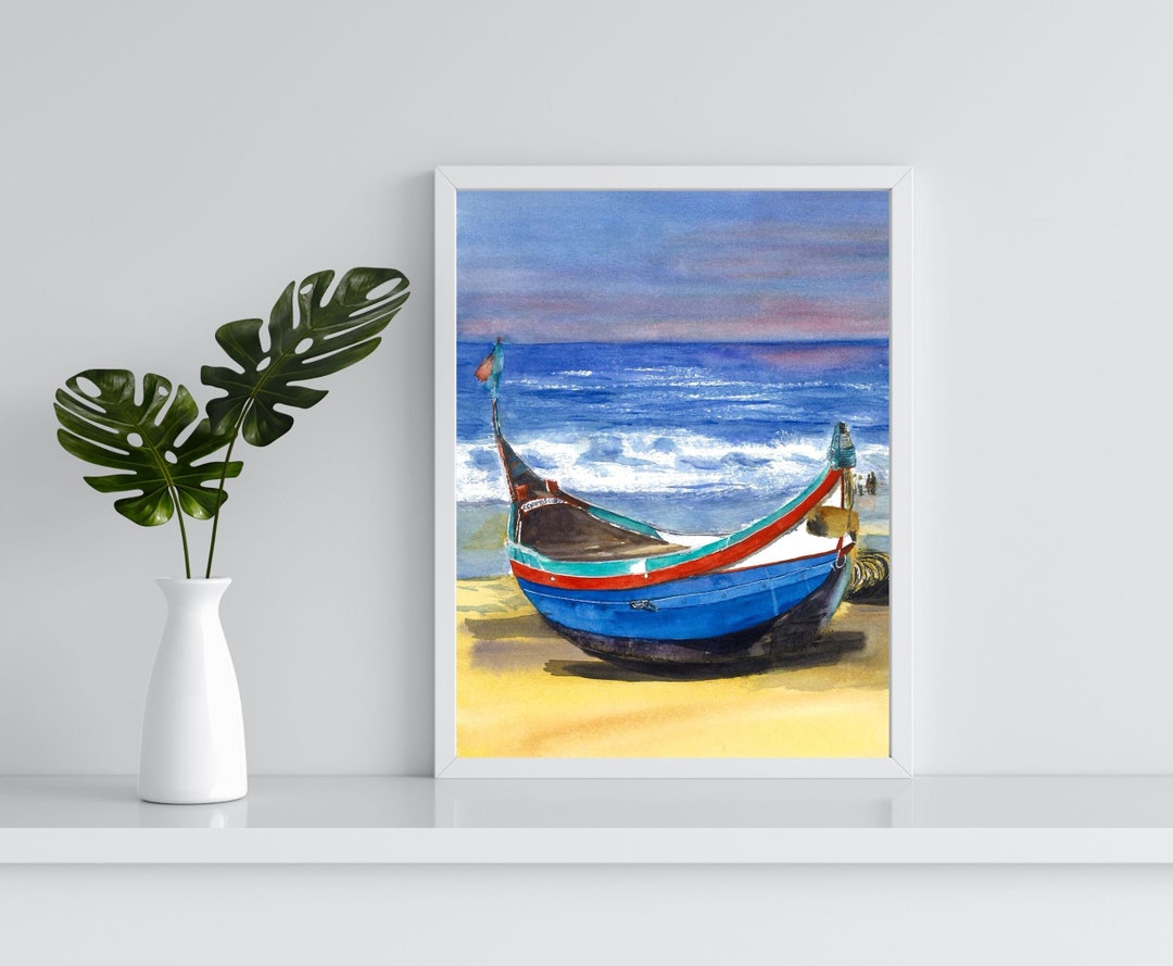 Original Watercolor Blue Boat Painting Digital Download Printable File ...