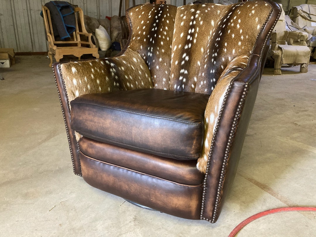 Handcrafted Axis Deer Hide Swivel Rocker Club Chair – Texas Western ...