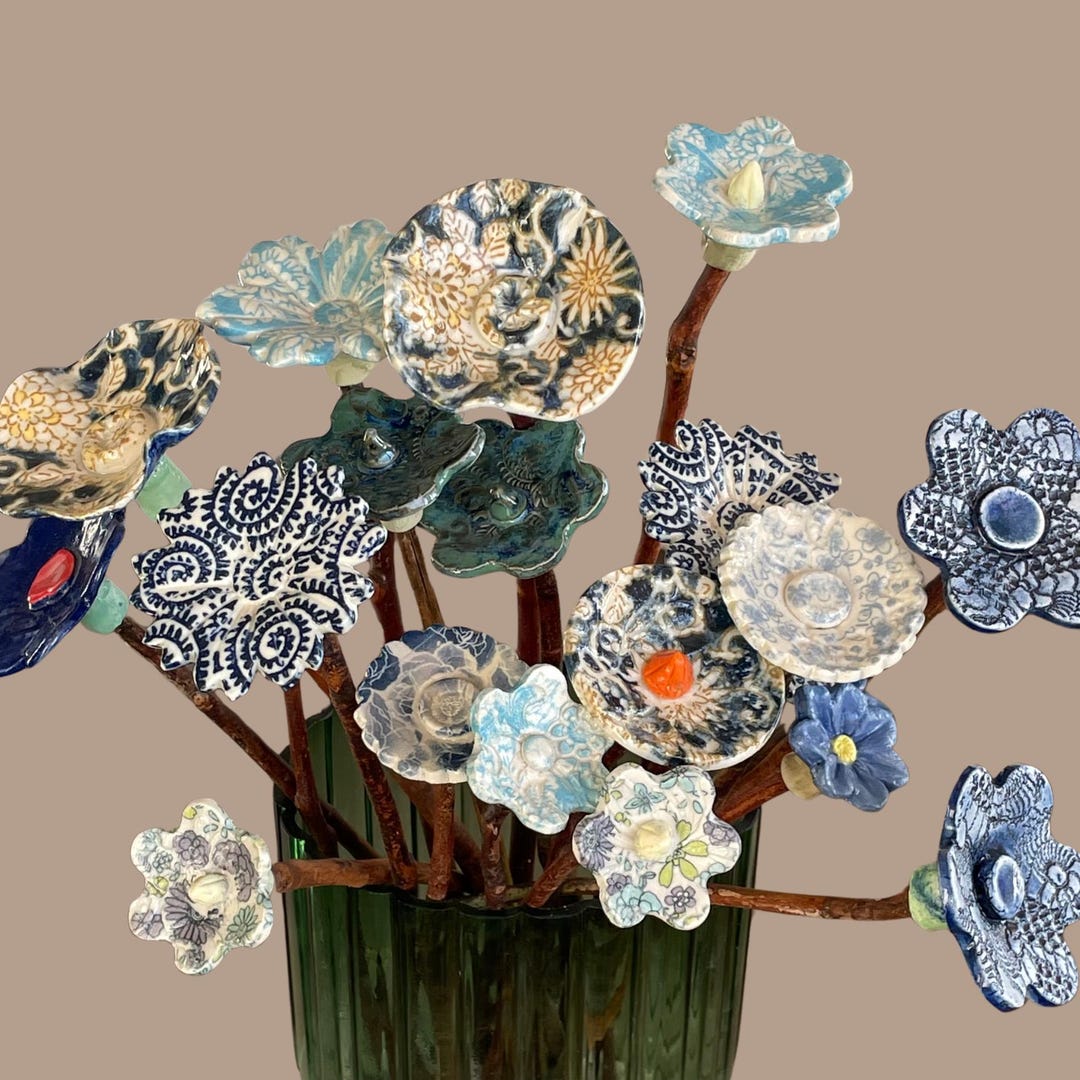 Handmade Blue Ceramic Flower Bouquet: Floral Arrangement - Etsy