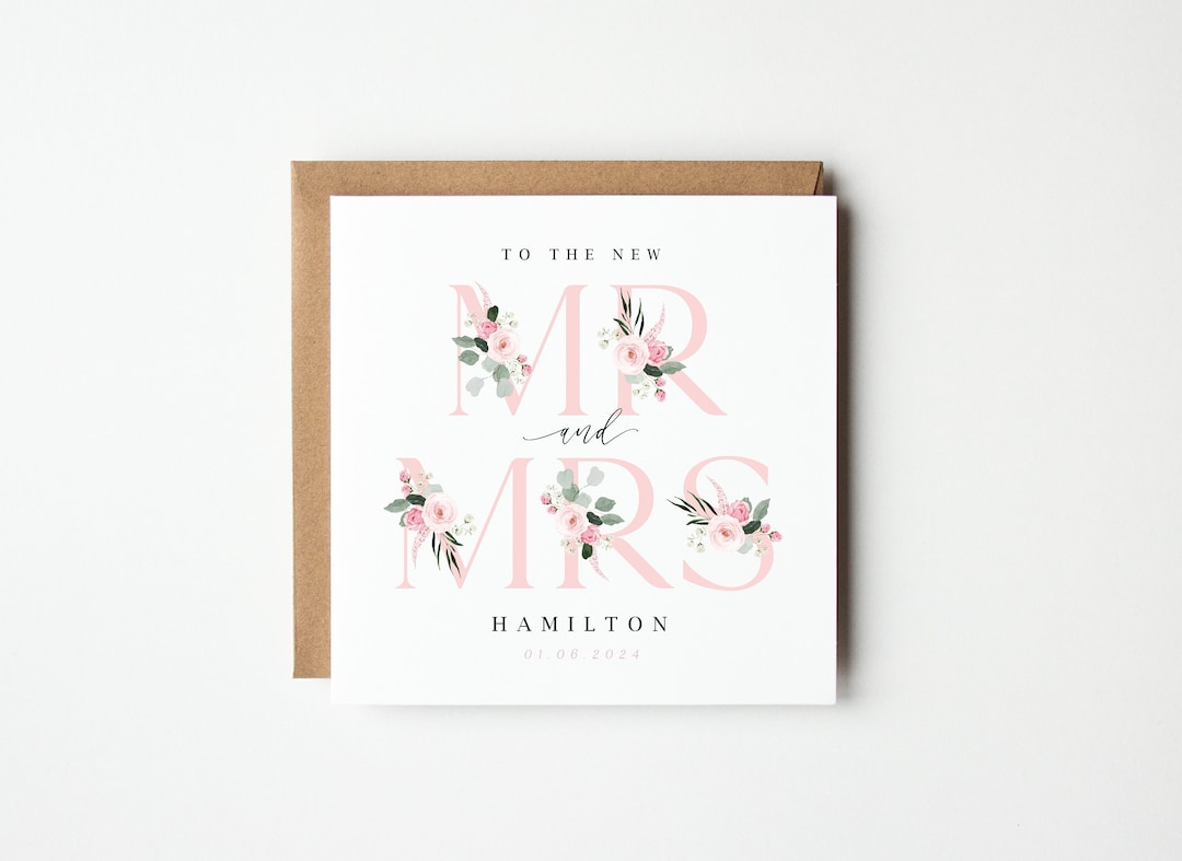 Personalised Mr & Mrs Wedding Card, Pink Roses Wedding Card, Monogram ...
