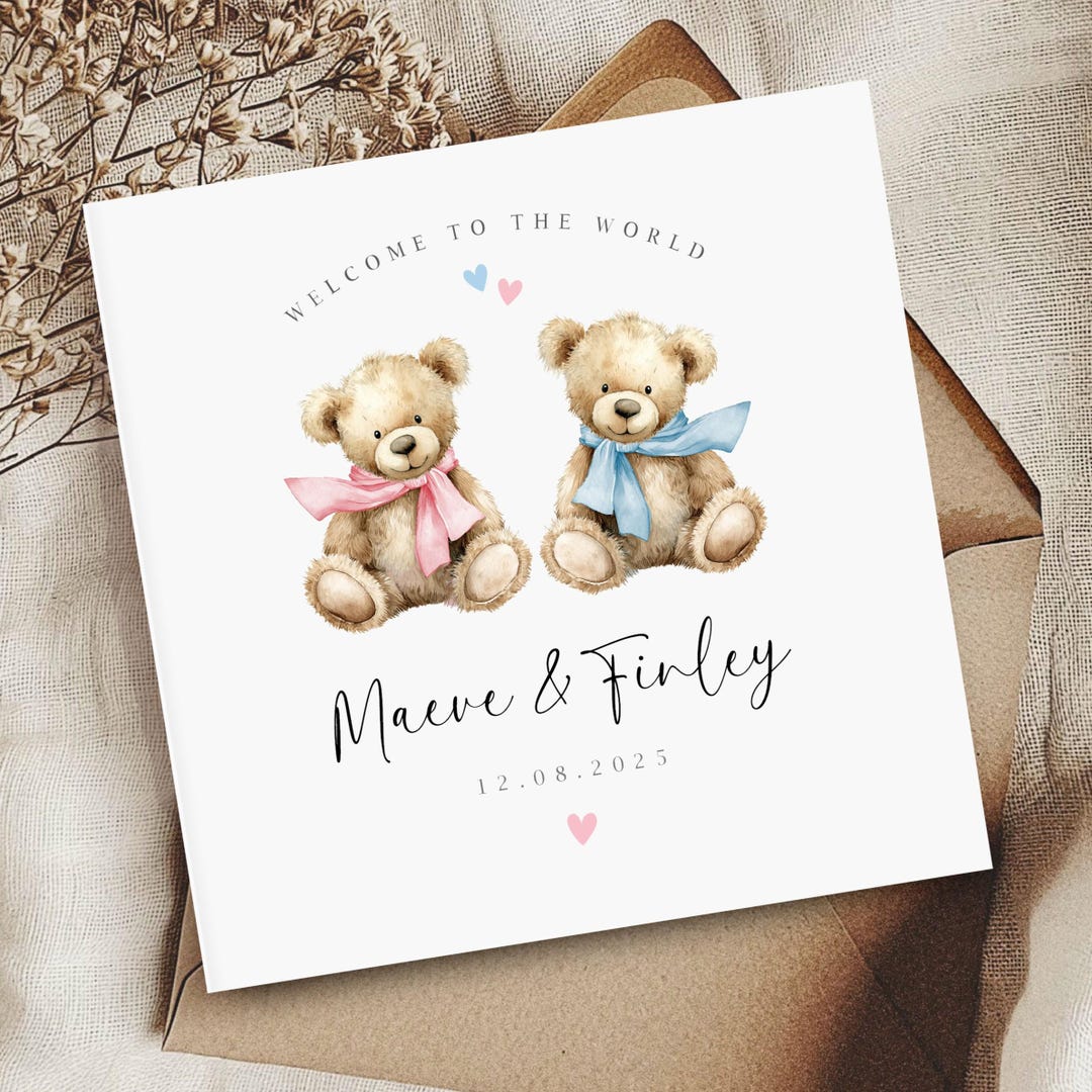 Personalised New Baby Twin Card, Personalised Teddy Bears Twins Card ...