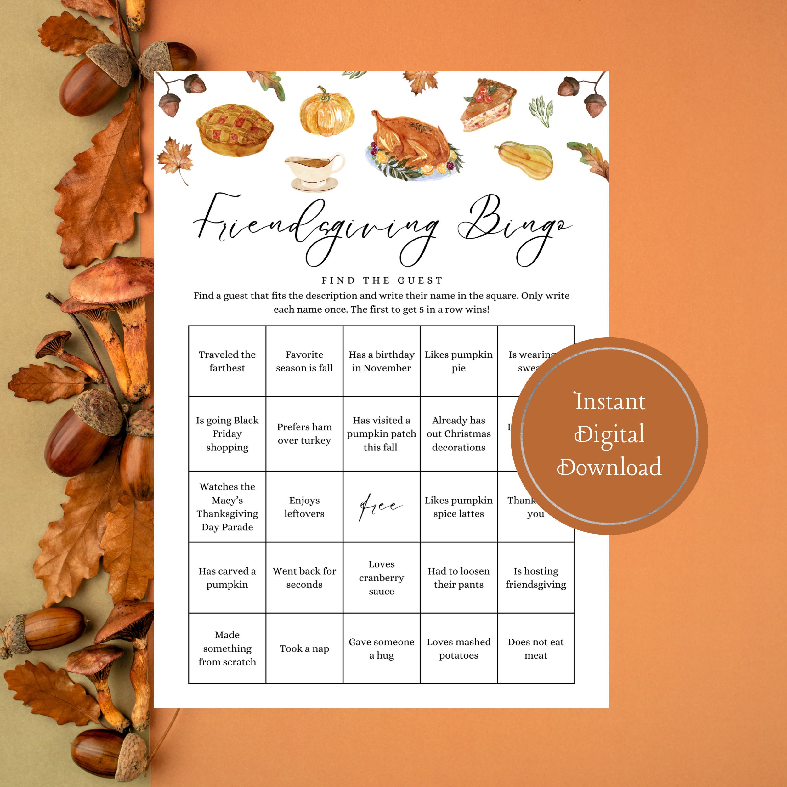 Friendsgiving Bingo Game Template, Friendsgiving Find the Guest Bingo ...