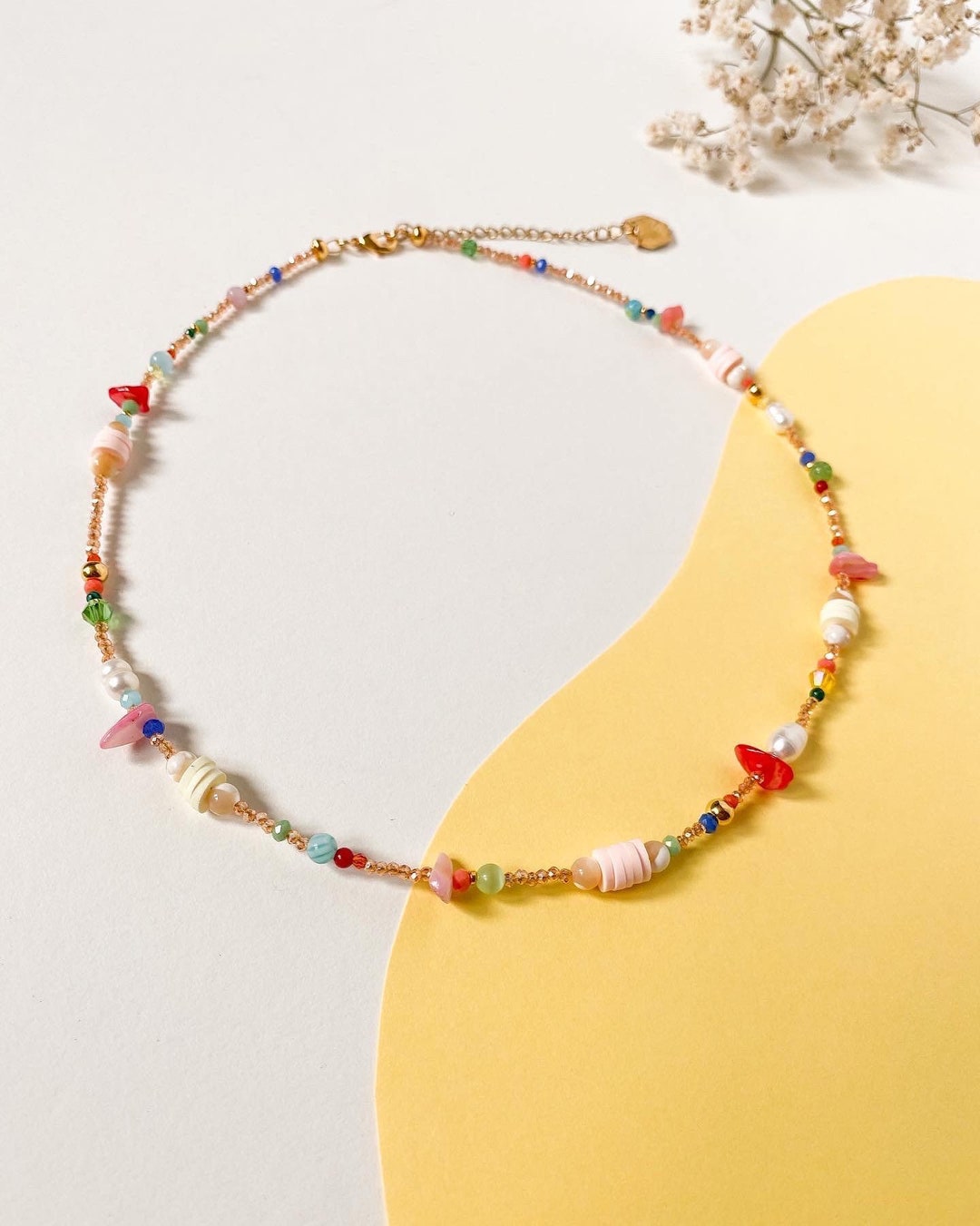 Skin Color Beaded Necklace With Colorful Crystals and White Pearls ...