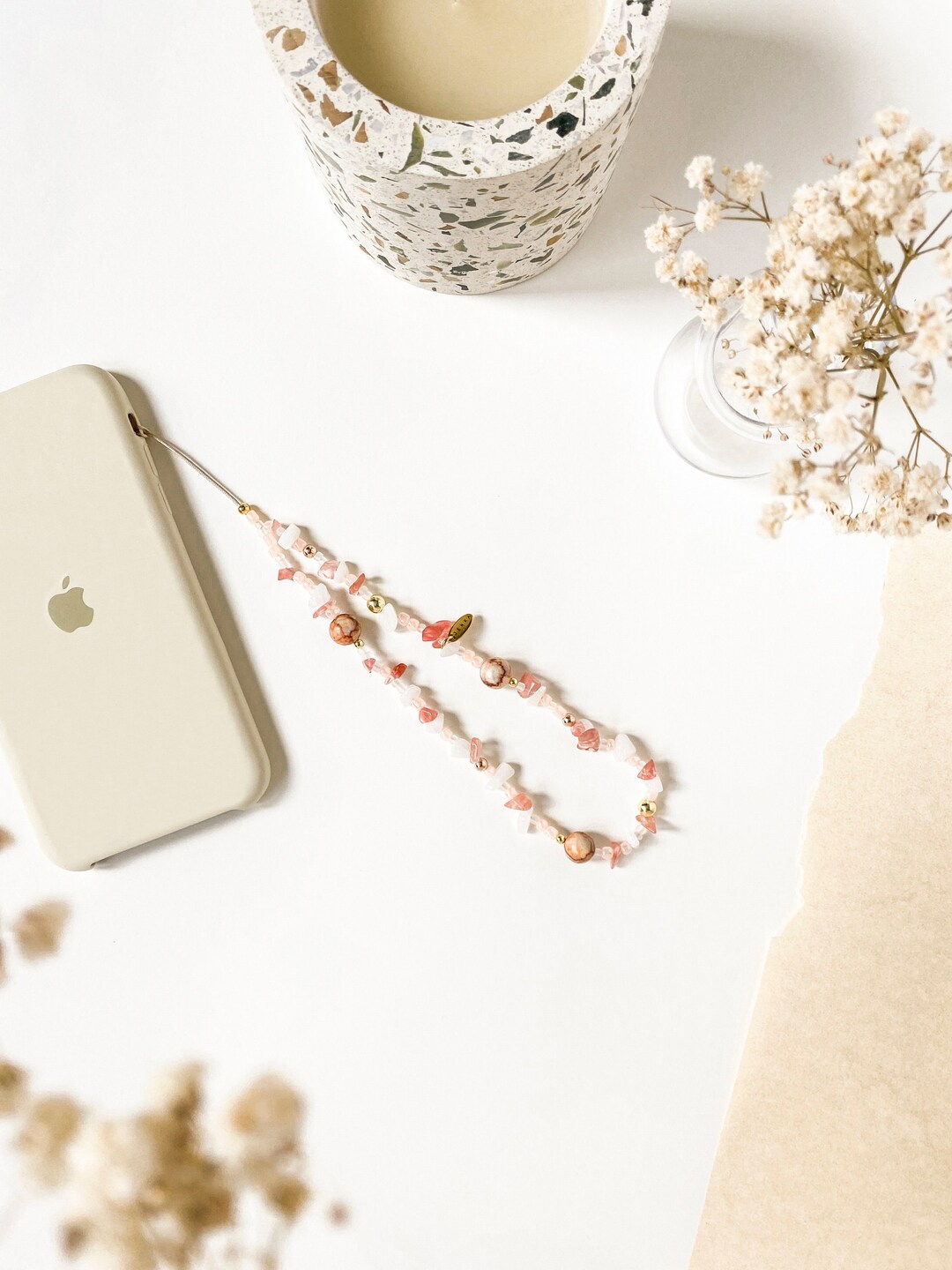 Pink/ Salmon Natural Stone Phone Charm • iPhone Charm With Quartz ...