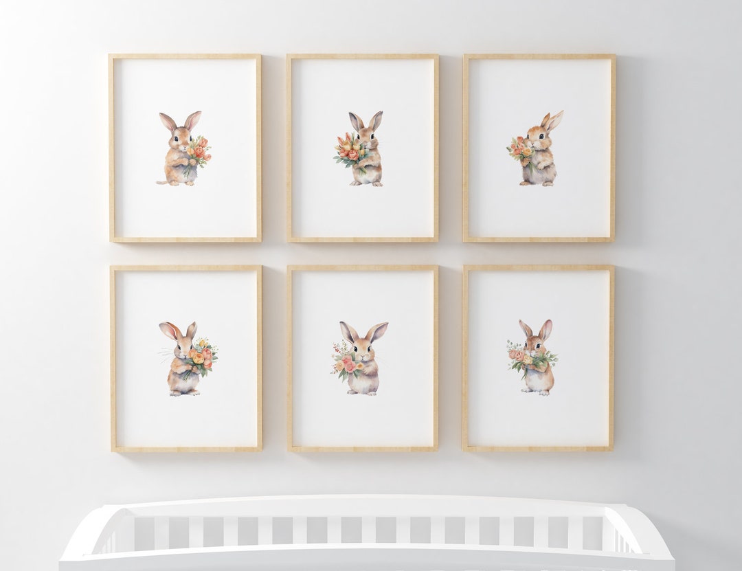 Set of 6 Bunny Art Prints for Nursery, Rabbit Pictures for Babies ...