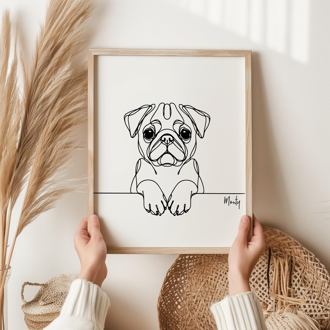 Personalised Pug Digital Print, Pug Dog Outline, Pug Line Art Drawing ...