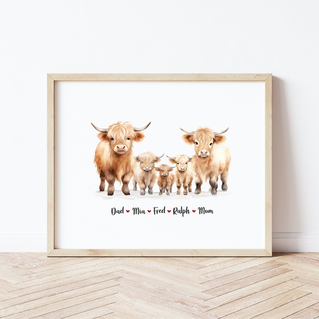 Highland Cow Family Name Print, Personalised Portrait, Gift for Mum ...
