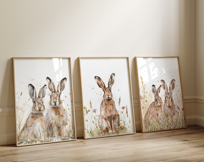 Colourful Hare Rabbit Wall Art Print, Watercolour Painting Style Animal ...