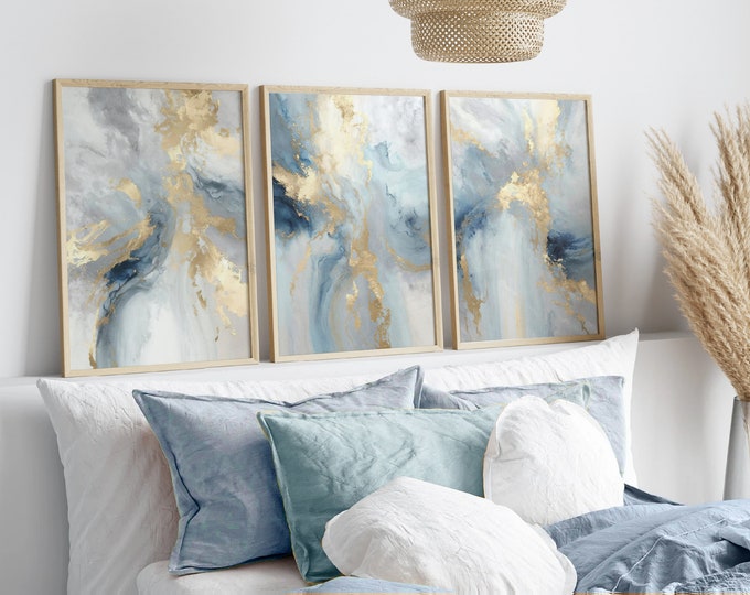 Blue Gold Marble Abstract Wall Art, Set of 3 Prints, Set of 3 Blue ...