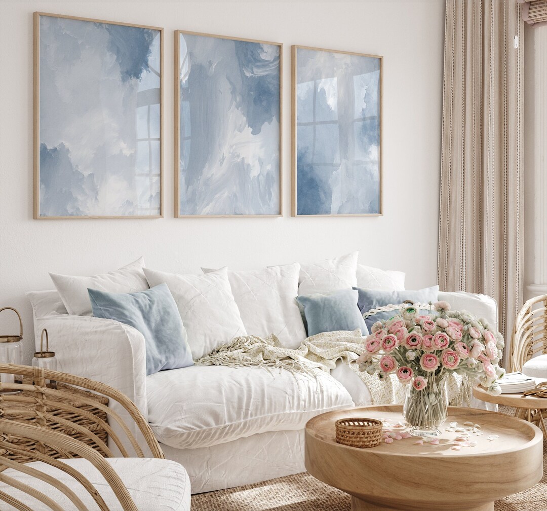 Blue Pastel Wall Art Set of 3 Prints, Blue Oil Paint, Home Decor ...