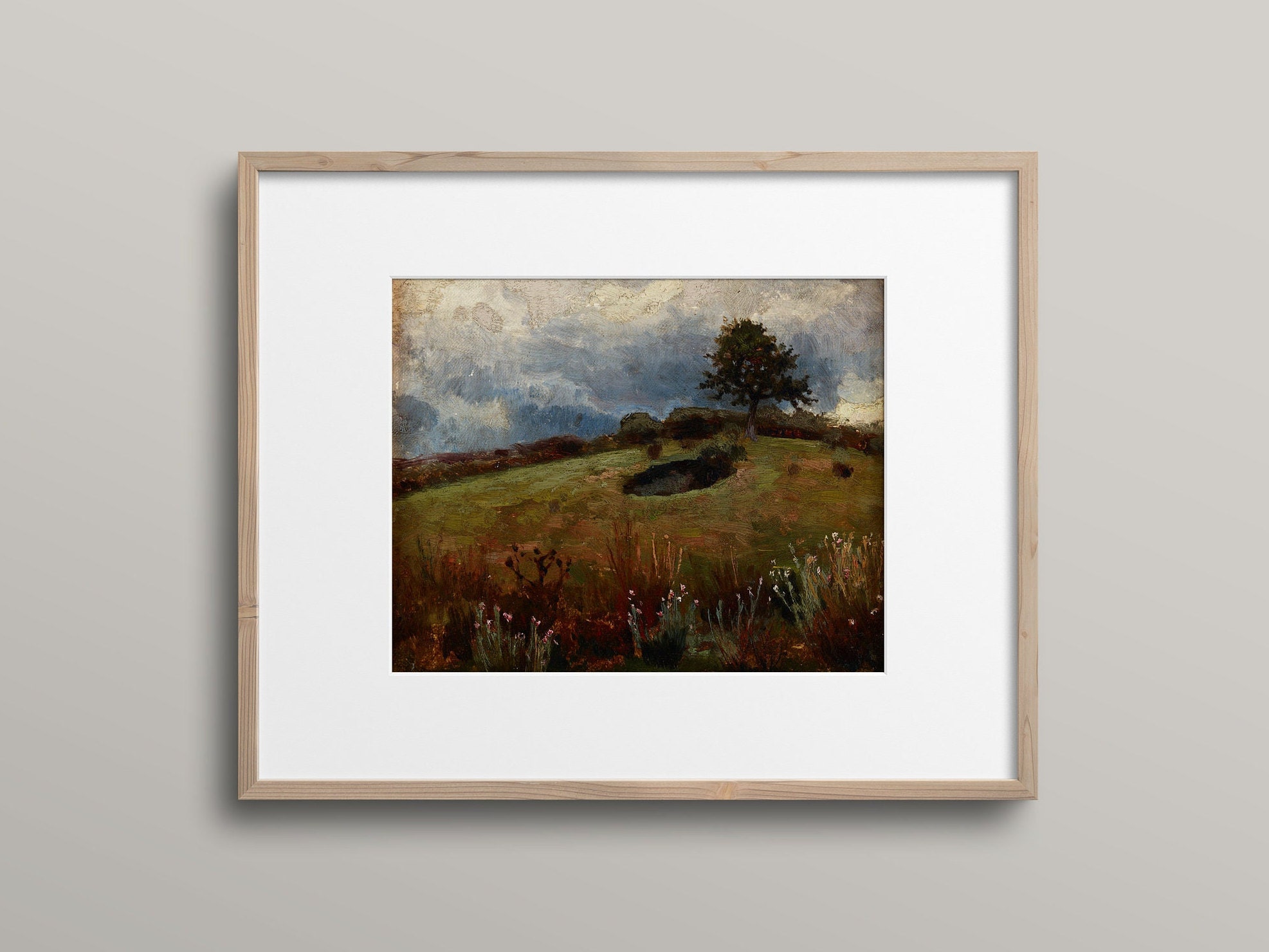 Vintage Dark Grey Dramatic Sky Landscape Painting, Digital Download ...