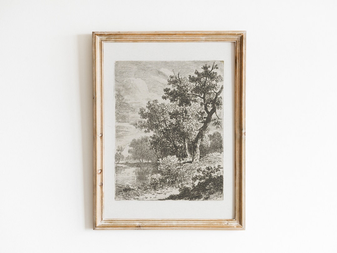 Vintage Landscape Etching Print, Digital Download, River and Trees ...