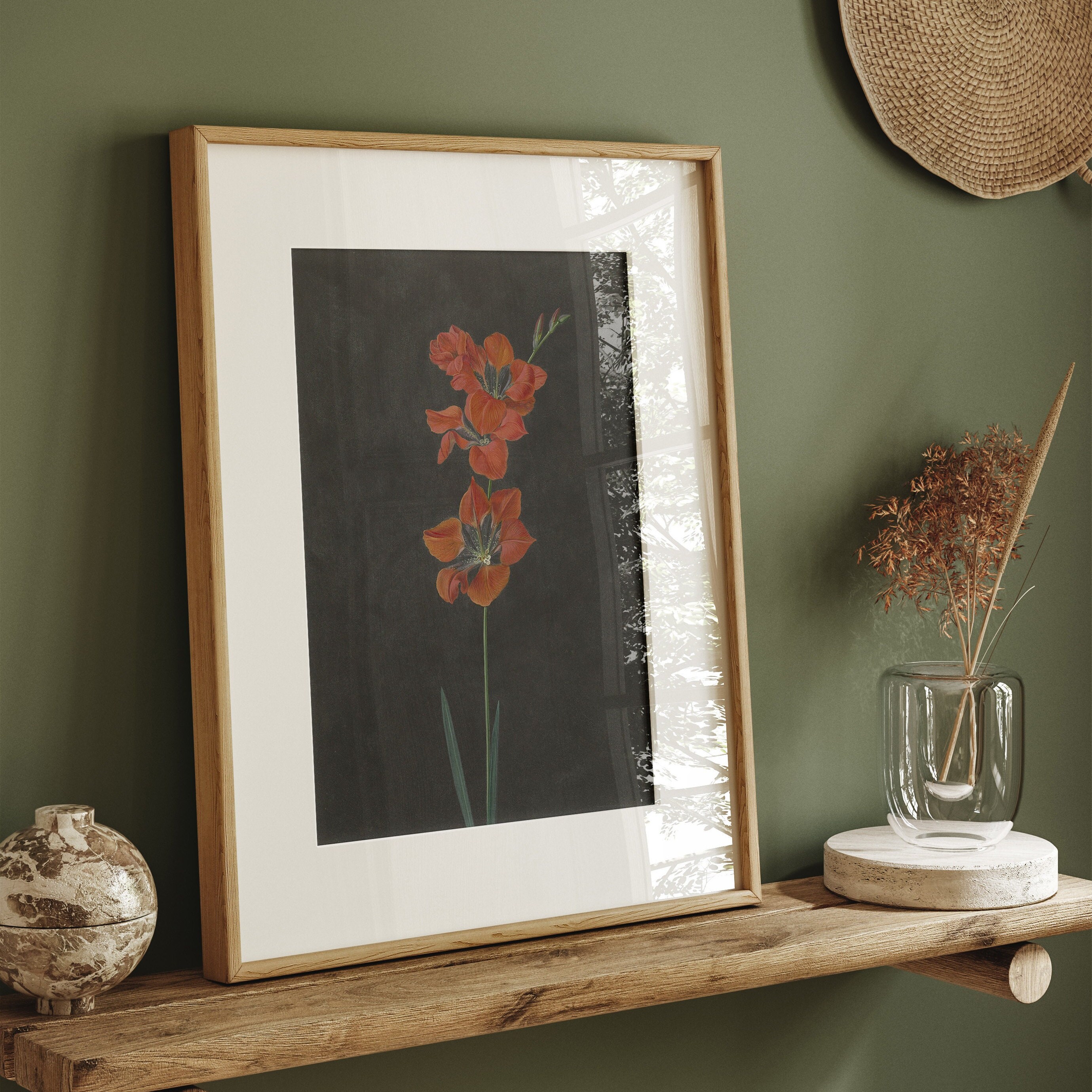 Vintage Red Flower Print, Digital Download, Black Background, Botanical ...