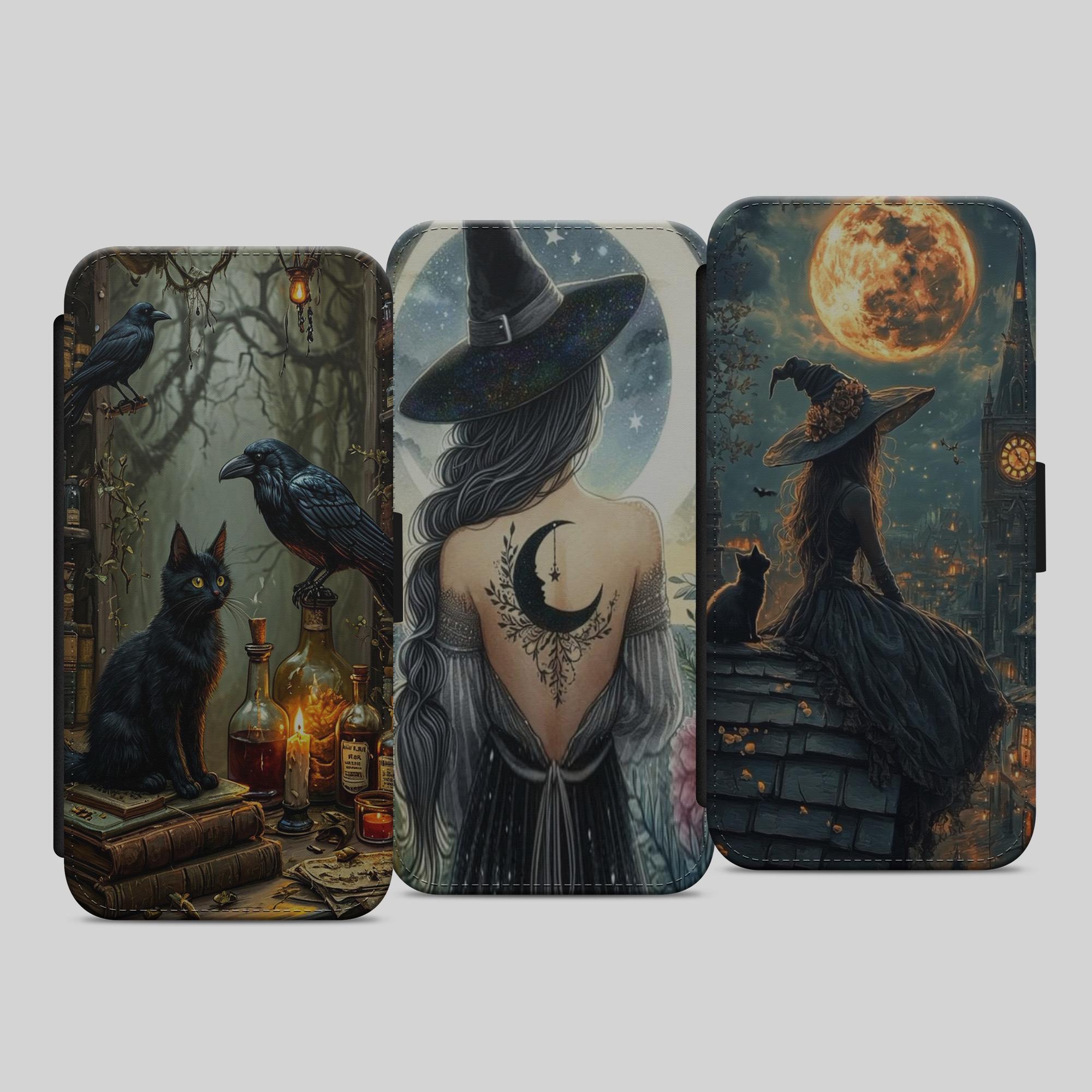 Witchy Black Cat Phone Wallet Case: Gothic Raven Vegan Leather Cover ...