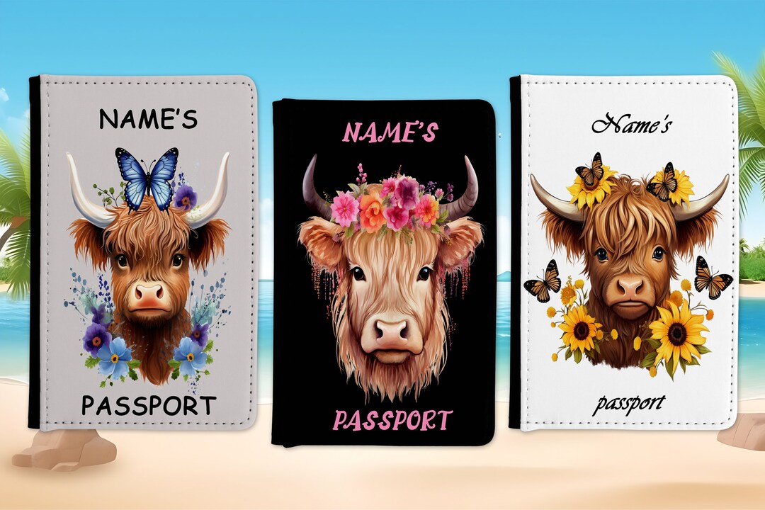 Highland Cow Print Custom Name Passport Cover Holder and Luggage Tag ...