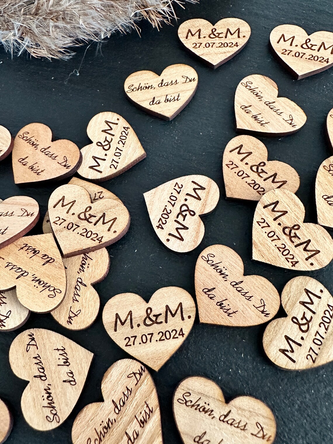 50 Scattered Wooden Heart Table Decoration Bride-groom Initials + Date ...