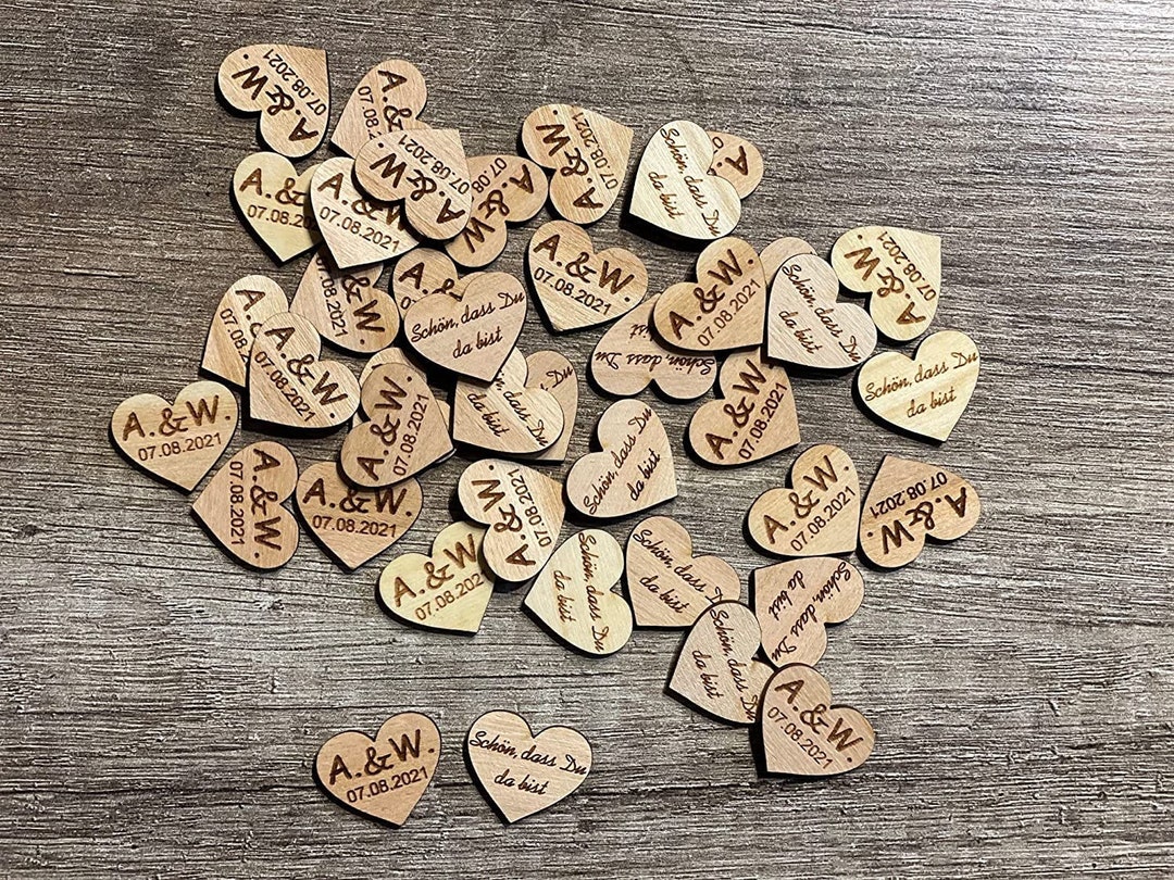 50 Scatter Decoration Wood Heart Table Decoration Bridal Groom Initials ...