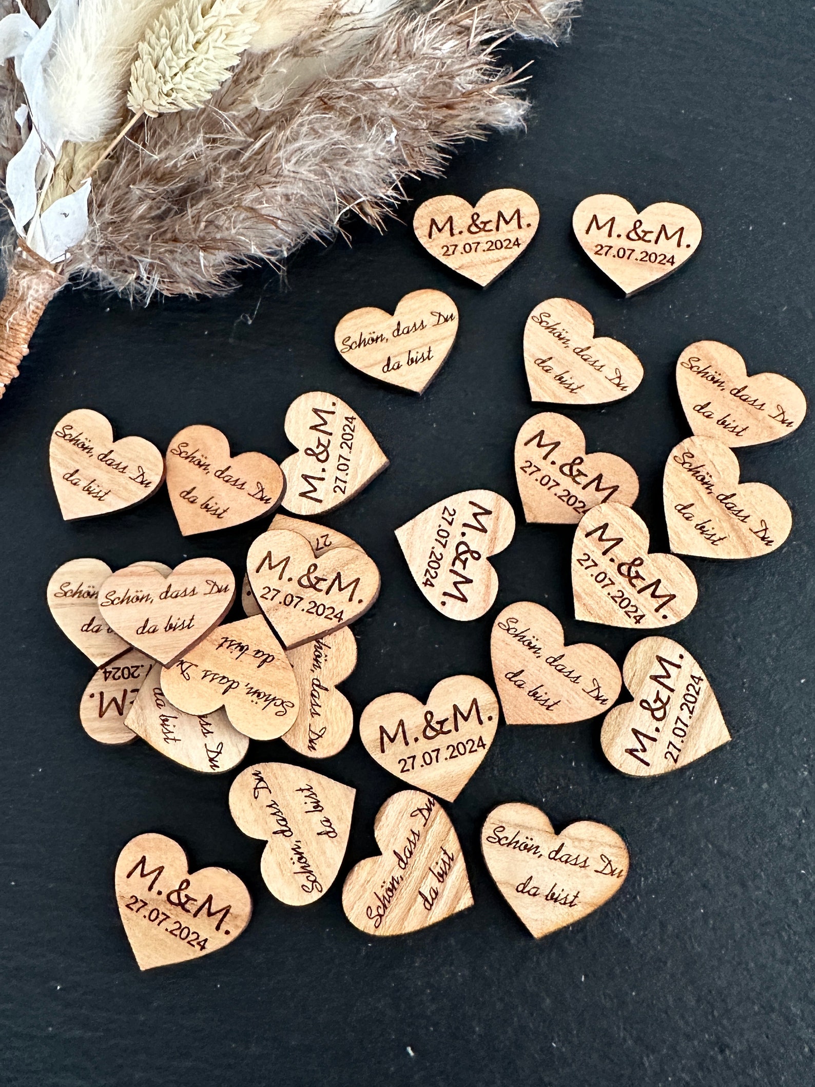 50 Scattered Wooden Heart Table Decoration Bride-groom Initials + Date ...