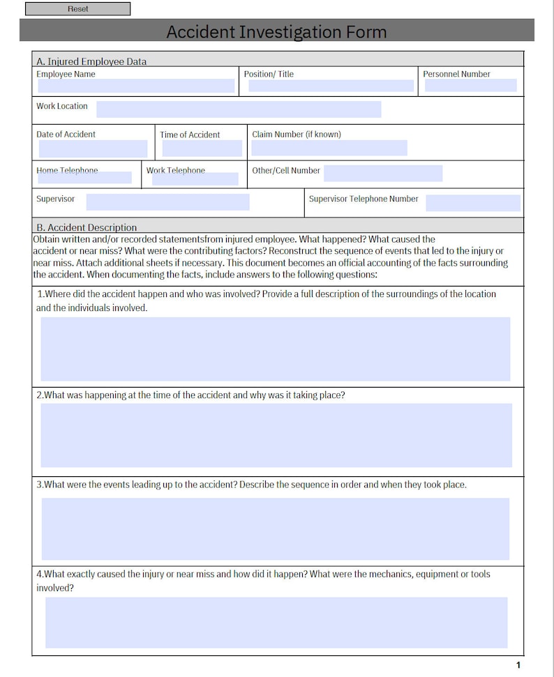 Accident Investigation Form | Report of Injury or Near Miss Form ...