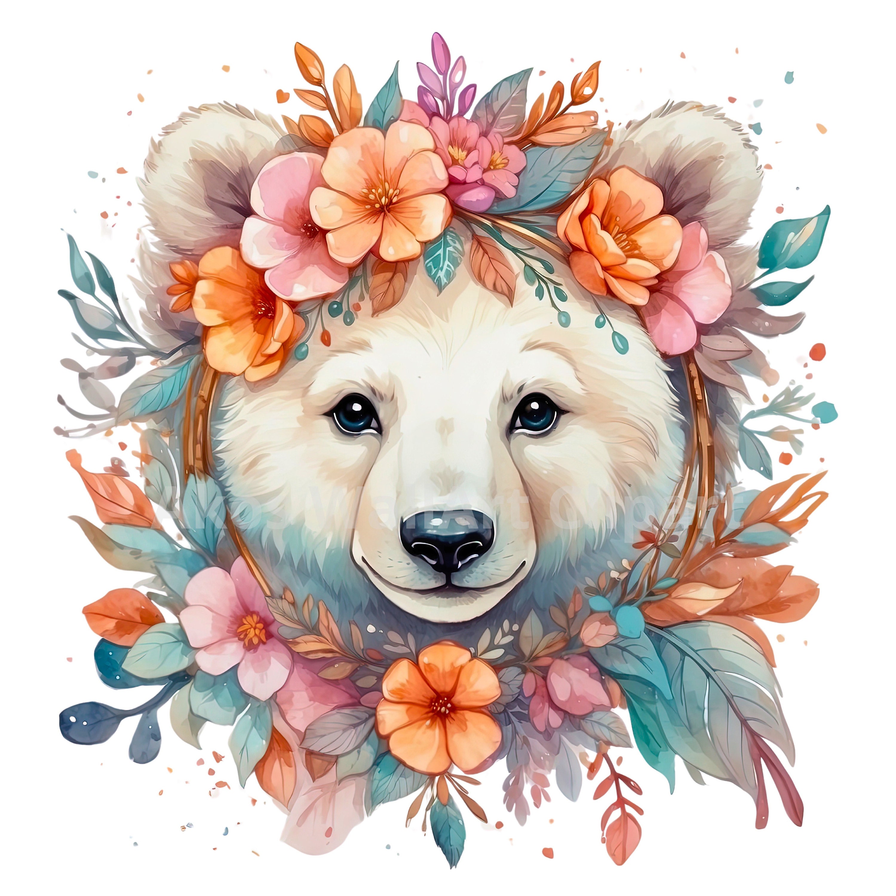 Polar Bear Watercolor Printable Clipart, 10 High Quality Jpegs, Flowers ...