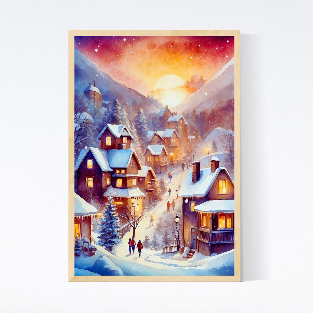 Christmas Village Printable Wall Art, Snowy Winter Village, Seasonal ...