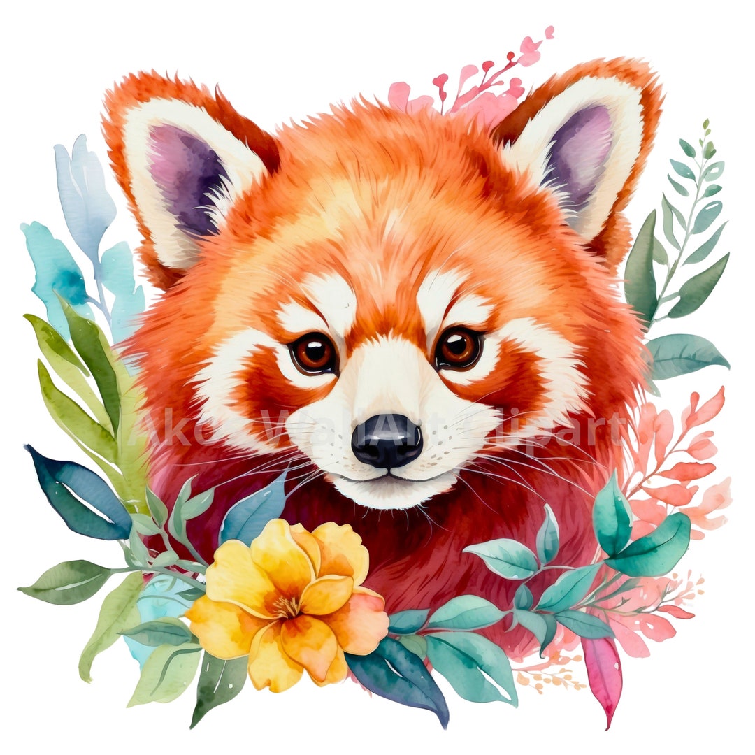 Watercolor Red Panda Printable Clipart, 10 High Quality Jpegs, Flowers ...