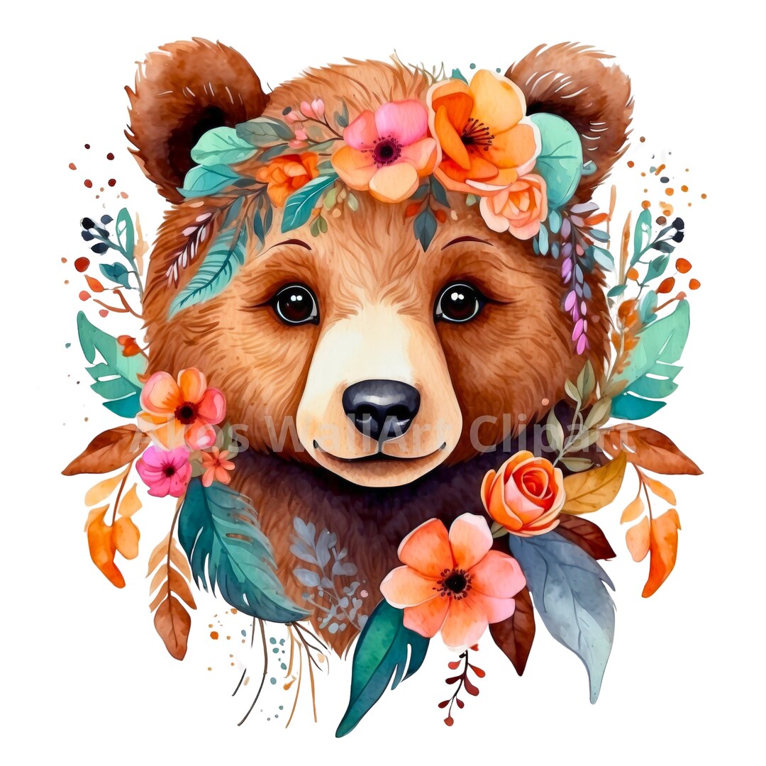 Brown Bear Watercolor Printable Clipart, 10 High Quality Jpegs, Flowers ...