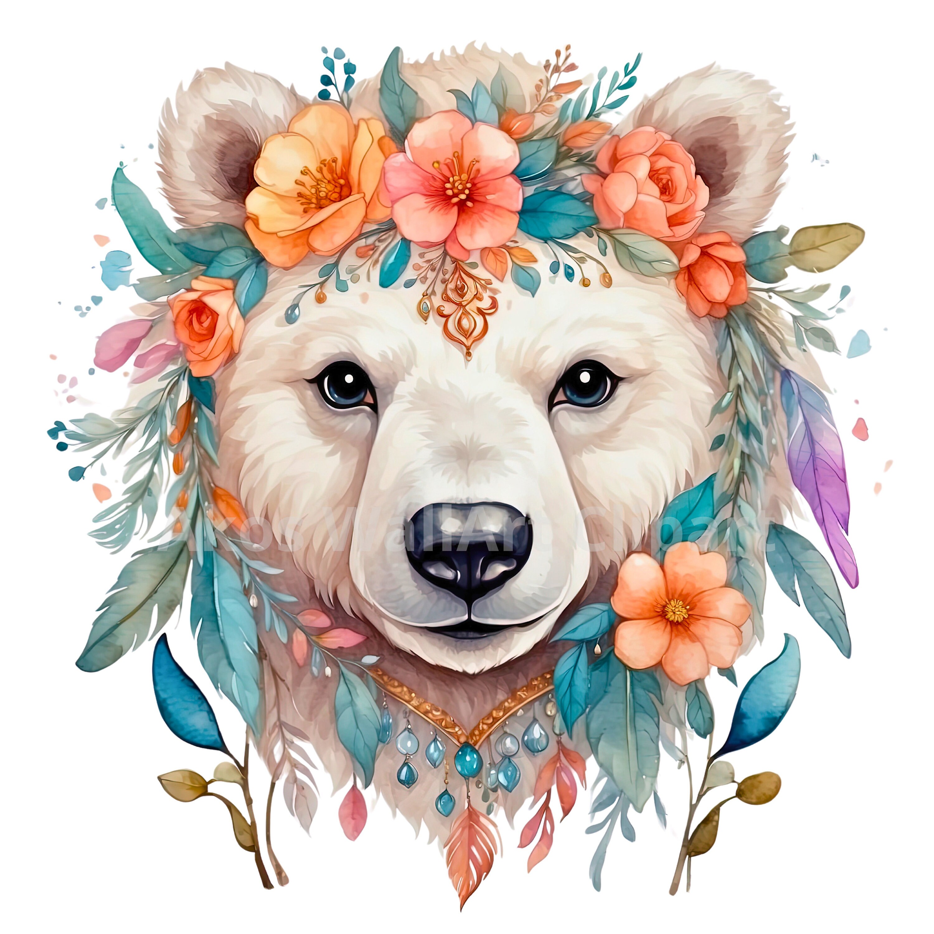 Polar Bear Watercolor Printable Clipart, 10 High Quality Jpegs, Flowers ...