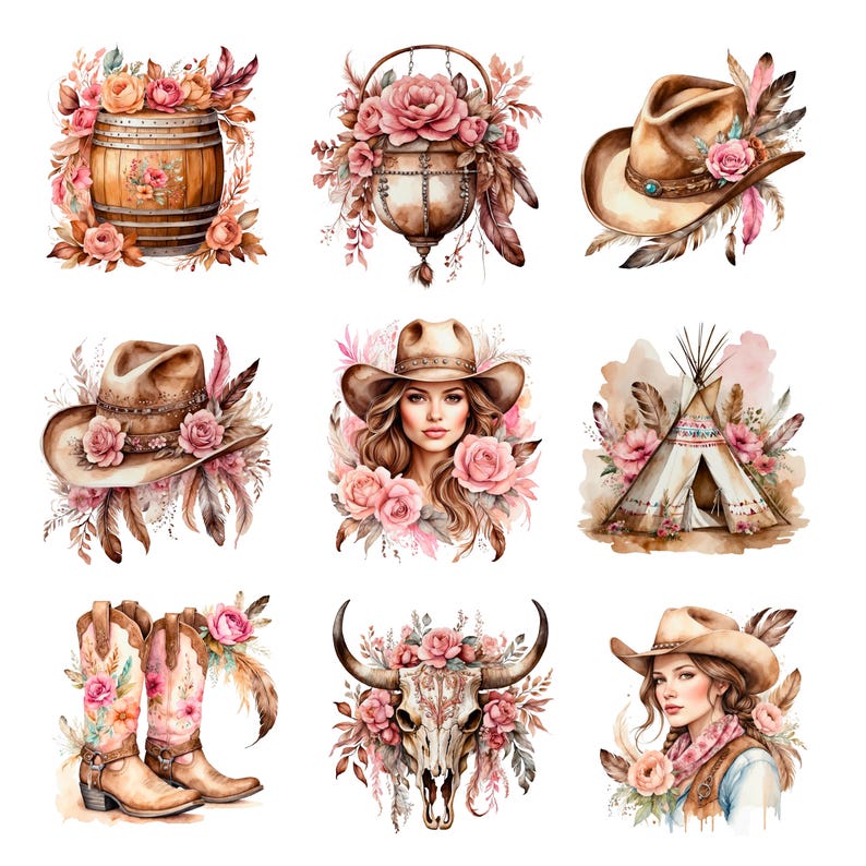 24 PNG Watercolor Western Boho Printable Clipart Bundle, Floral Flowers ...