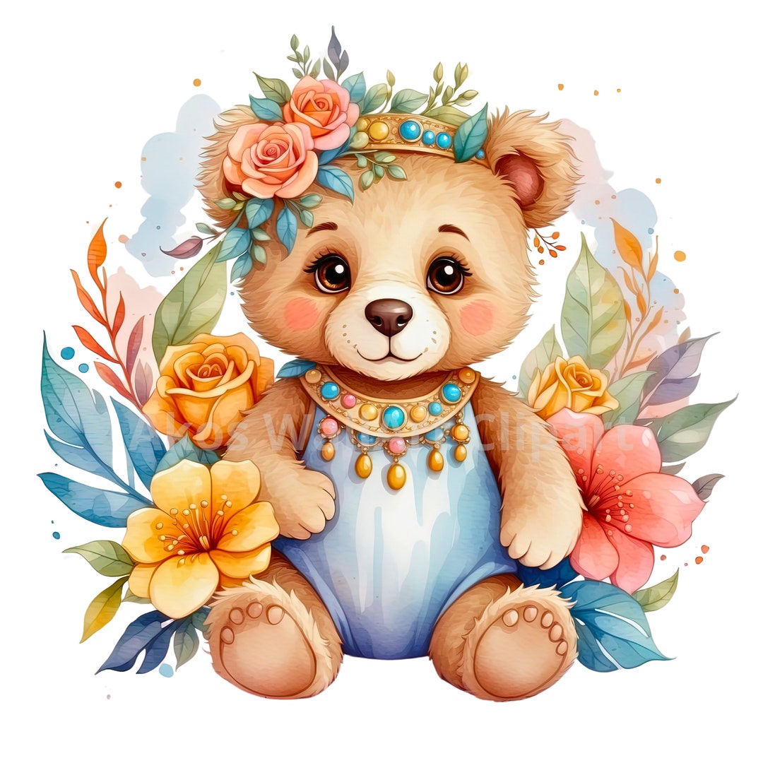 Teddy Bear Watercolor Printable Clipart, 10 High Quality Jpegs, Flowers ...