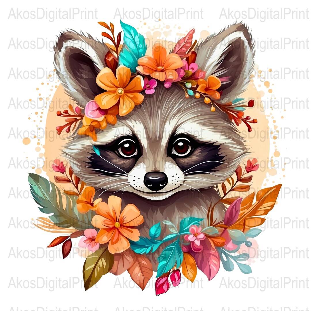Cute Raccoon Clipart, Floral Wreath Watercolor (300 DPI PNG) - Etsy