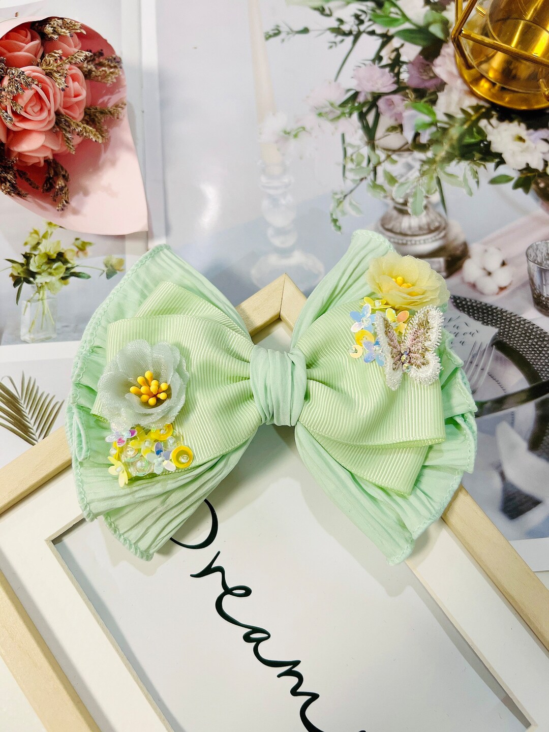 Mint Green Large Bow, Hand Beaded Bow, Floral Bow, Butterfly Bow ...