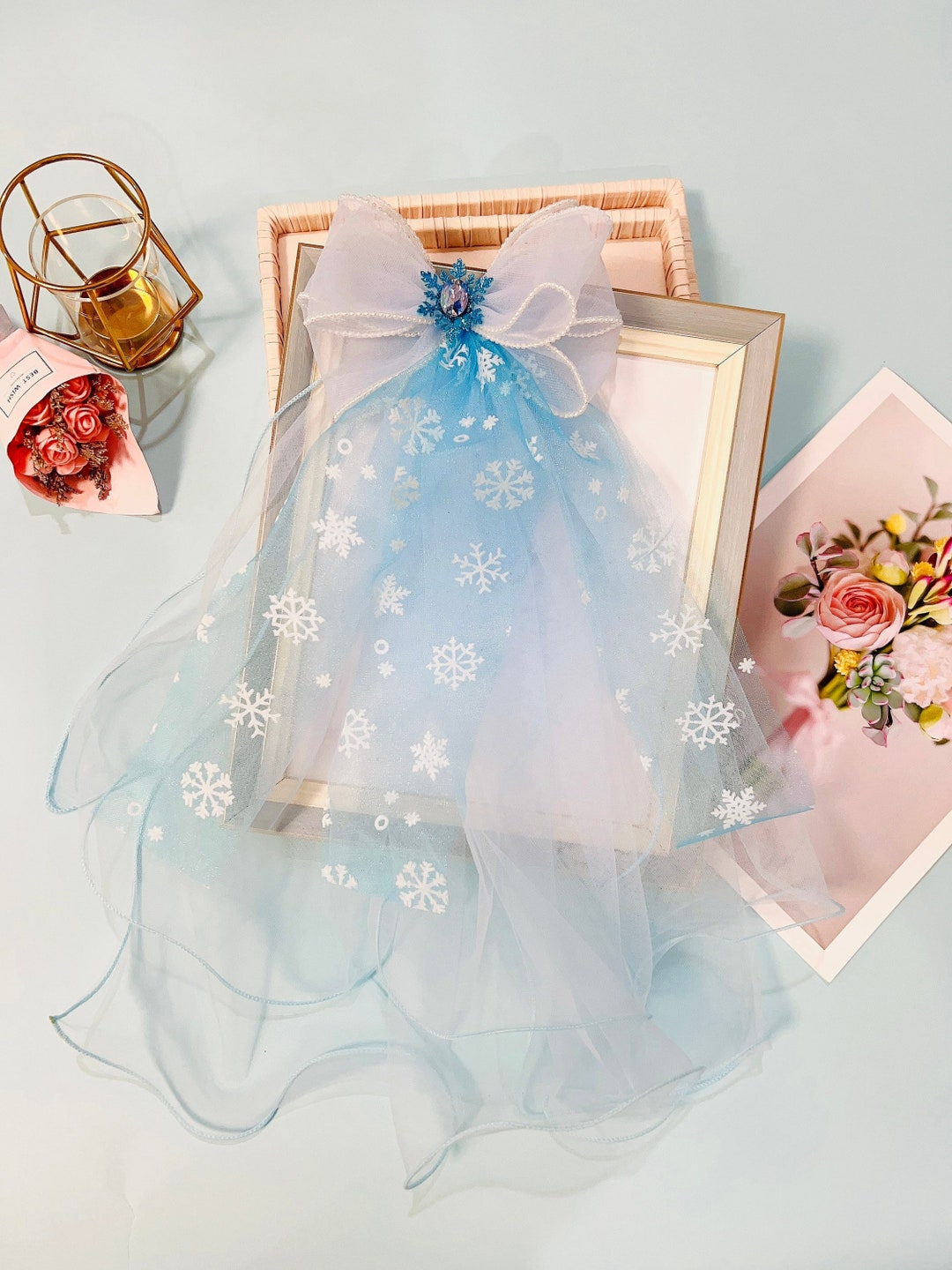 Frozen Inspired Veil, Elsa Inspired Bow, Blue Tail Bow, Snow Flakes Bow ...