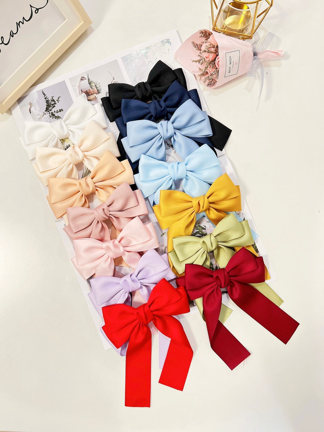 Multiple Colors, Green Matte Satin Bow, Red Matte Satin Long Tail Hair ...