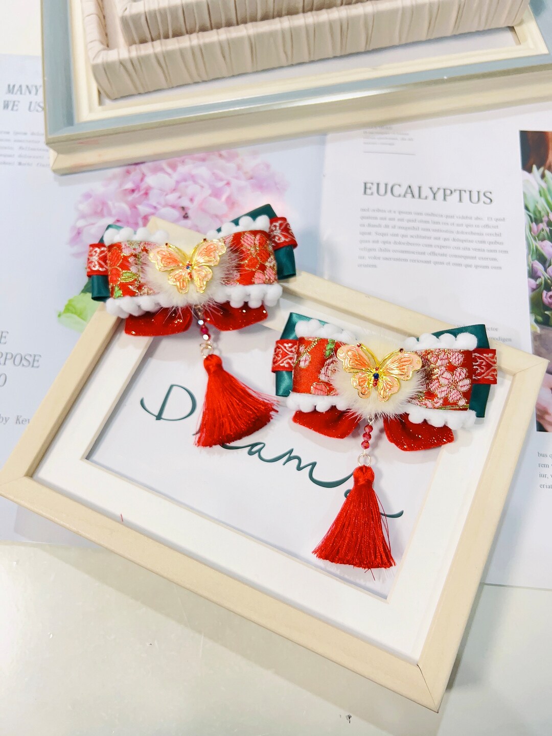 Butterfly Pigtail Set, Lunar New Year Bow, Red Hanfu Hair Accessory ...