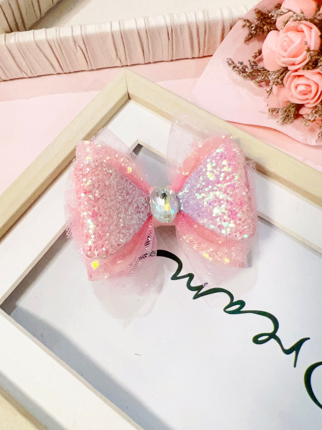Pink Glitter Bow, Pink Glitter Tulle Bow, Pink Princess Bow, Girl Pink ...