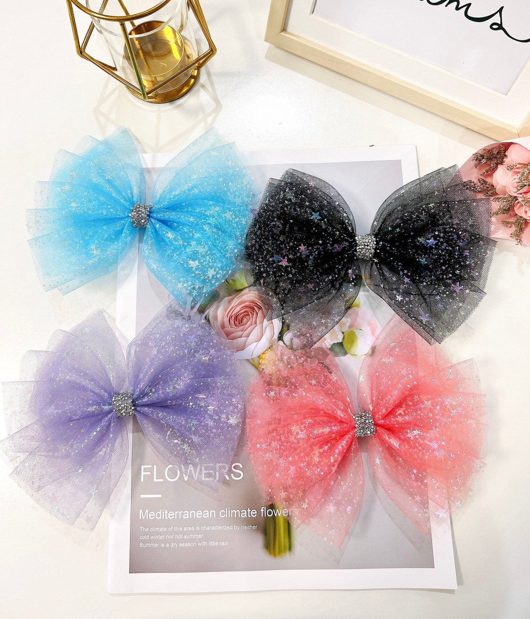 Multi Color Tulle Hair Bow, Glitter Tulle Bow, Lavender, Black, Blue ...